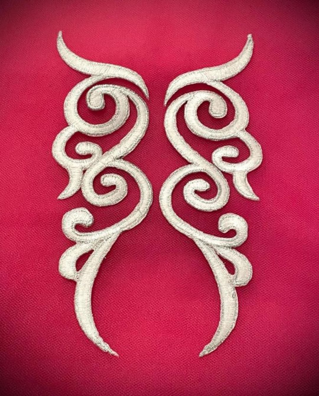 Embroidered Scroll White Silver Appliques Mirror Pair Set Iron on Patch ...