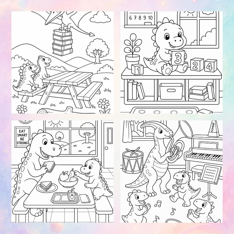 Dinosaur School Coloring Book: Friendly Dino Pages, Printable PDF ...