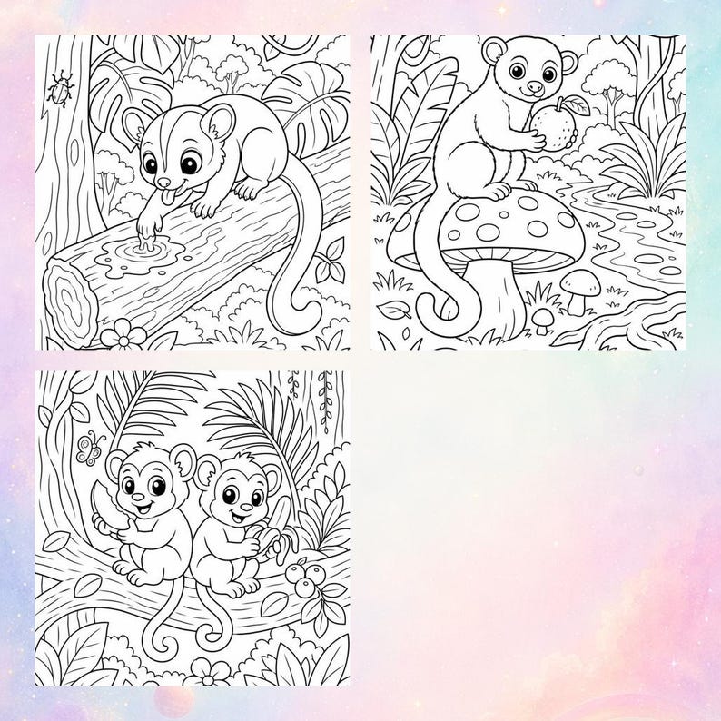 Kinkajou Jungle Coloring Pages: Rainforest Animals Kids Printable (PDF ...
