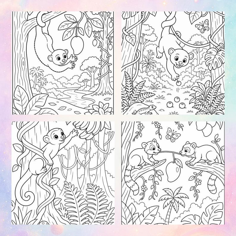 Kinkajou Jungle Coloring Pages: Rainforest Animals Kids Printable (PDF ...