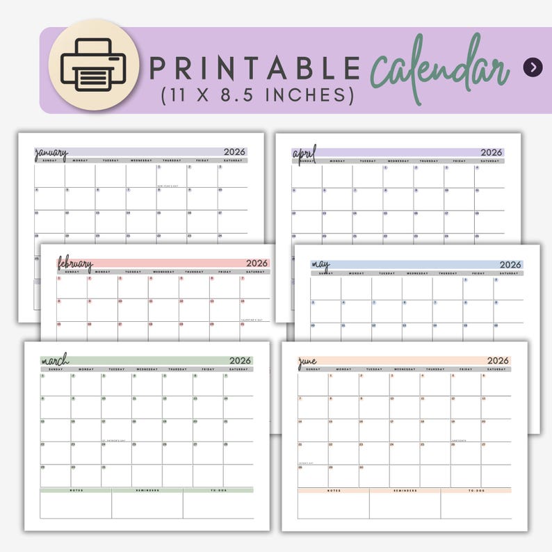 2026 Kalender mit USA Feiertagen | Minimalistischer druckbarer ...