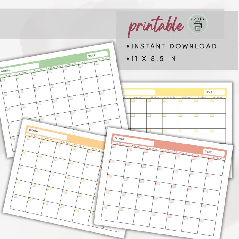 Blank Monthly Calendar Printable • Undated Monthly Planner • 13 Colors ...