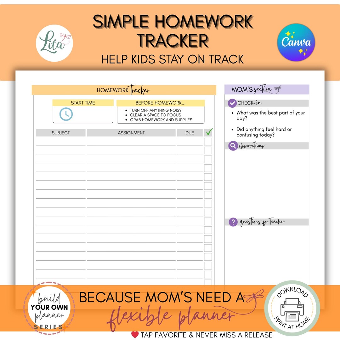 Kids Simple Homework Log | Printable Student Assignment Tracker ...
