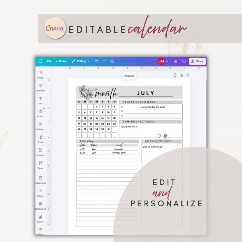 Monthly Overview Planner Template | Canva Editable, Printable ...