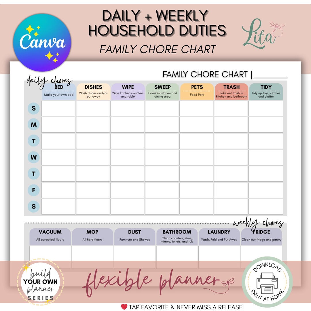 Simple Family Chore Chart | Printable Daily and Weekly Cleaning ...