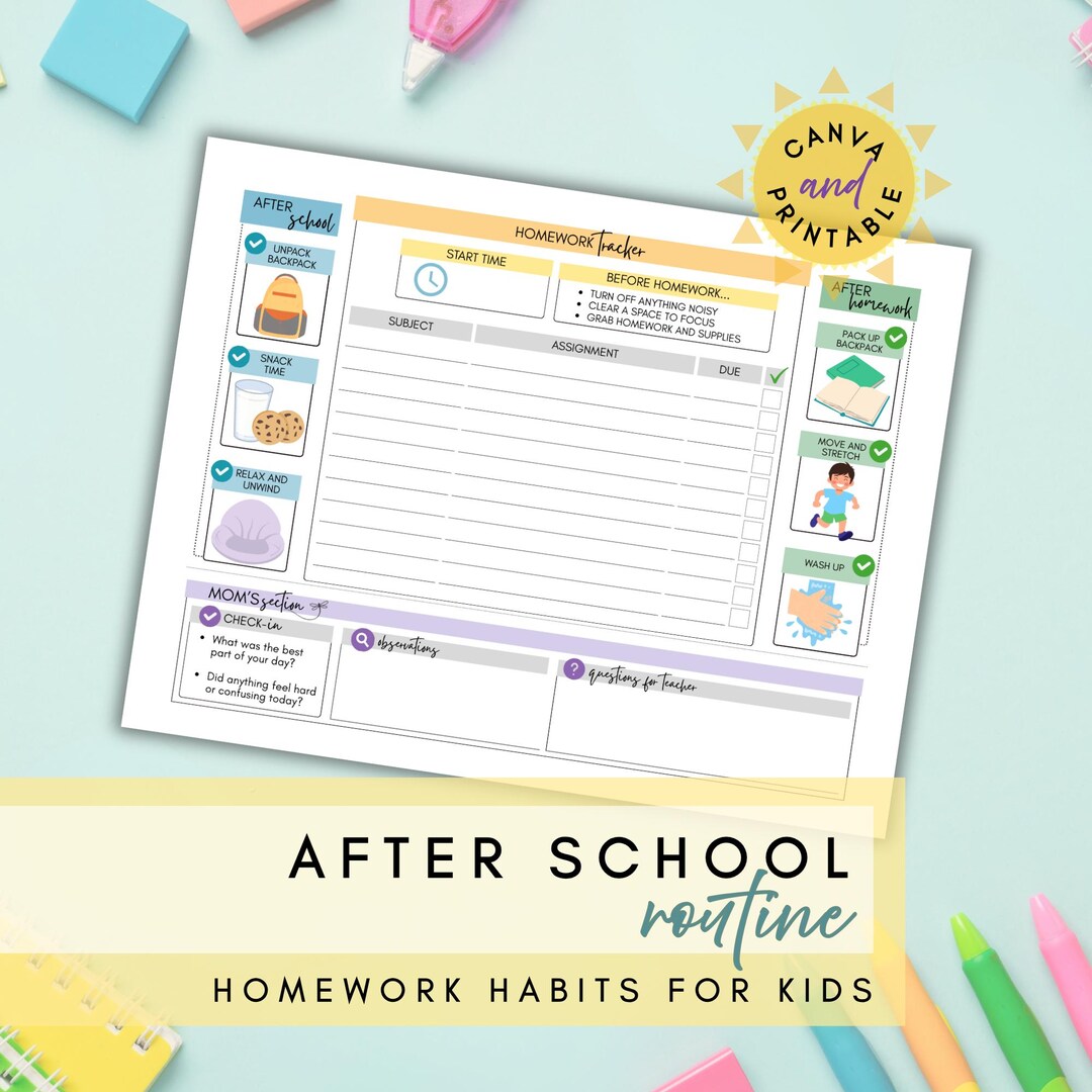 Printable Homework Routine | Kids Homework Tracker and After School ...