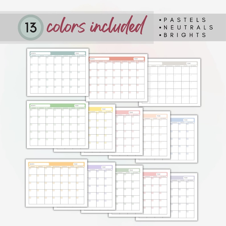 Blank Monthly Calendar Printable • Undated Monthly Planner • 13 Colors ...