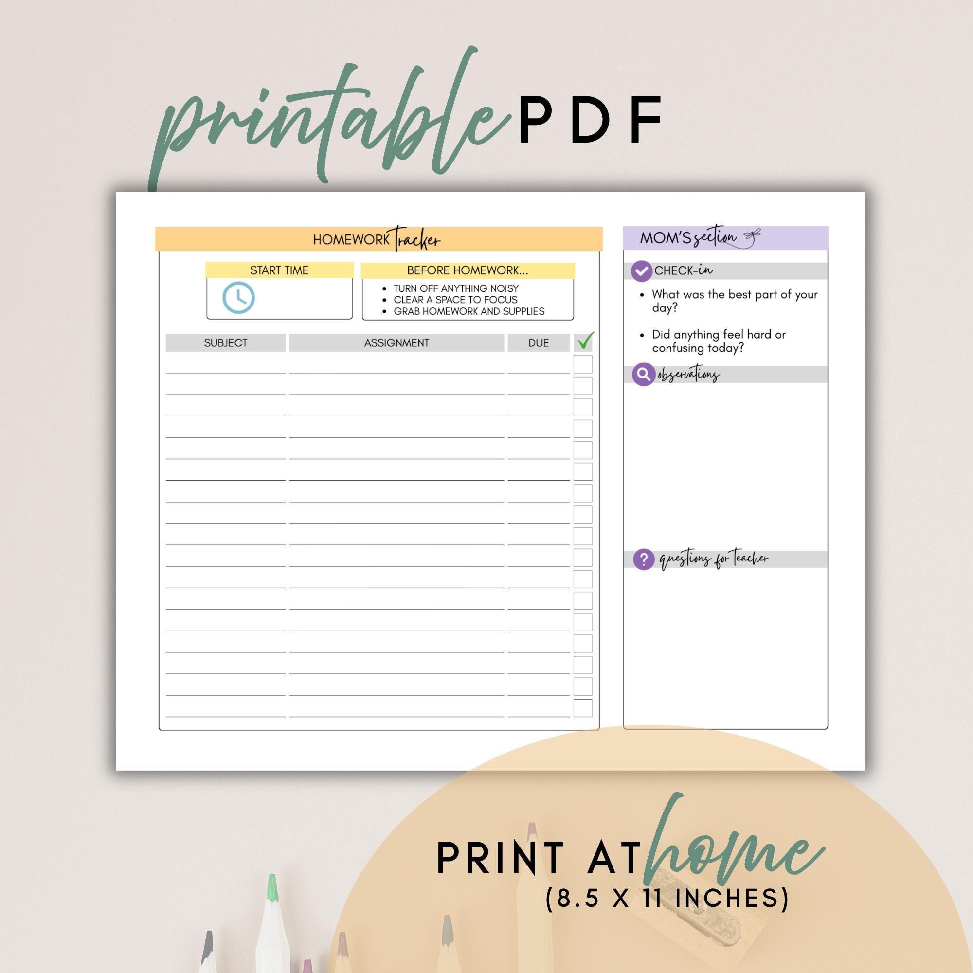 Kids Homework Log | Simple Daily Assignment Tracker • Student Homework ...