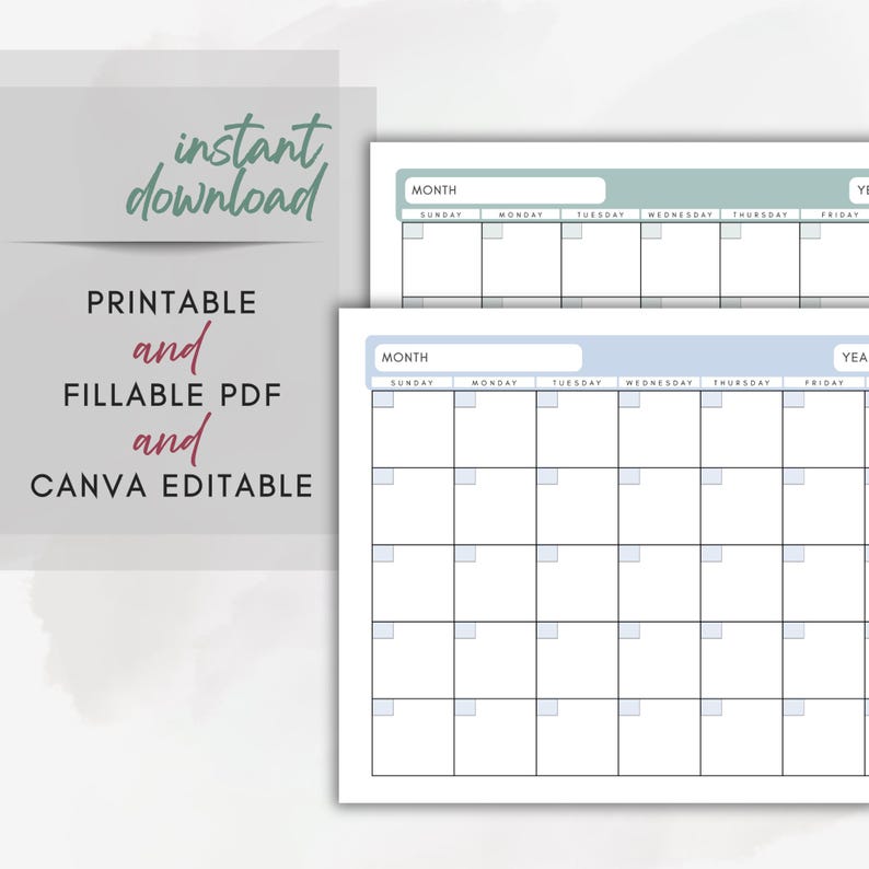 Blank Monthly Calendar Printable • Undated Monthly Planner • 13 Colors ...
