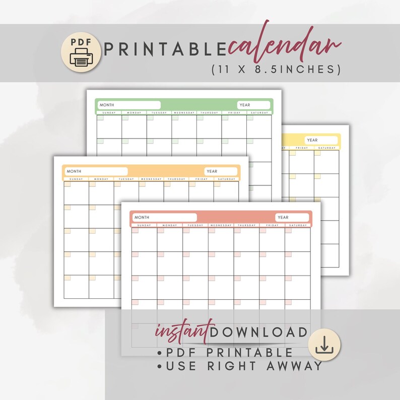 Blank Monthly Calendar Template Bundle | Fillable PDF | Canva Editable ...