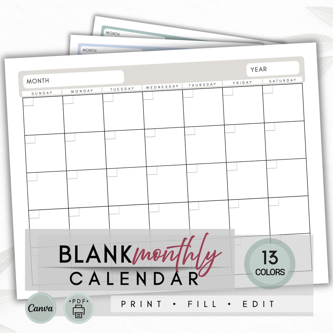 Blank Monthly Calendar Printable • Undated Monthly Planner • 13 Colors ...