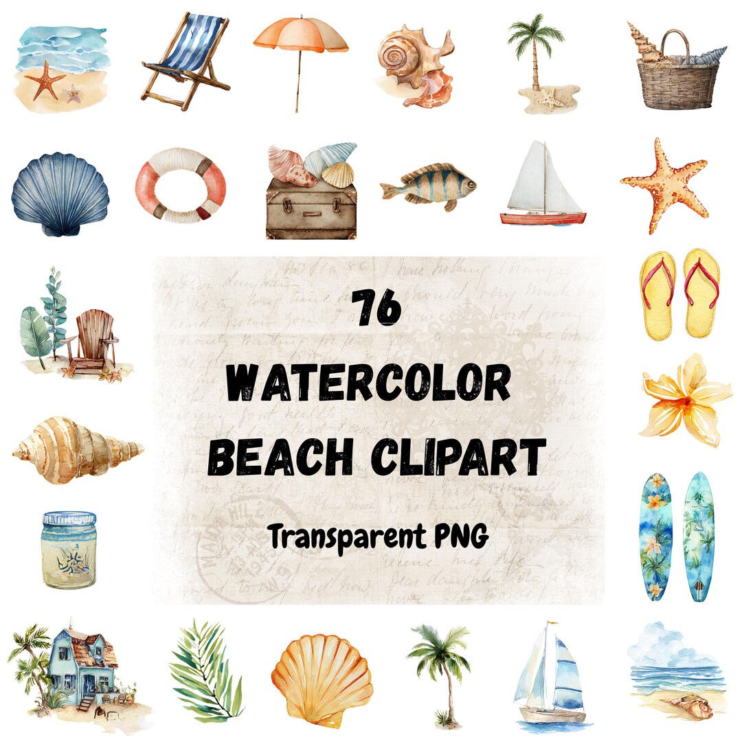 Watercolor Beach Clipart: Summer Sea Elements, Transparent PNG (digital ...