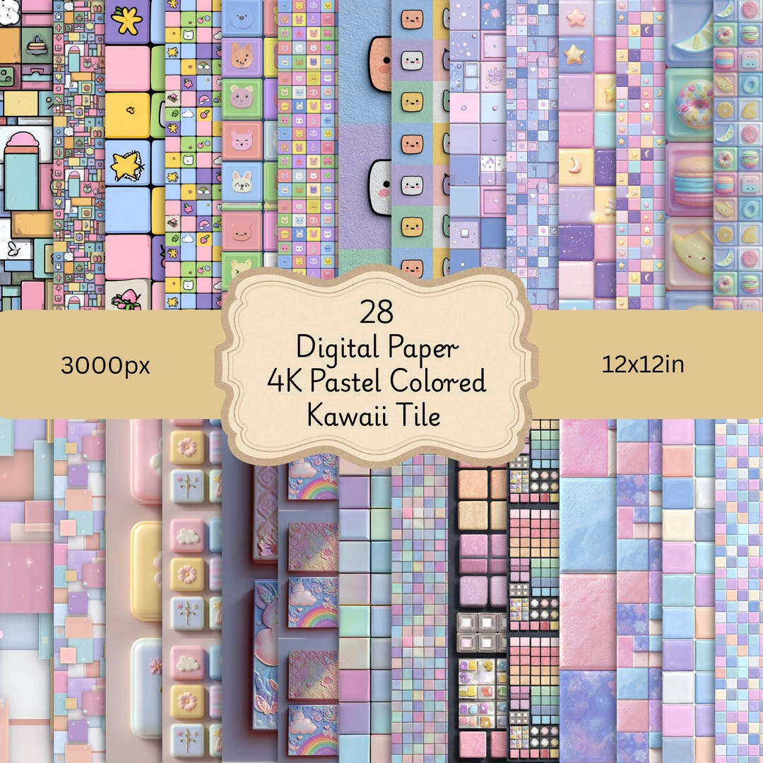 28 Digital Papers 4K Pastel Coloured Kawaii Tile, Cute Digital Paper ...