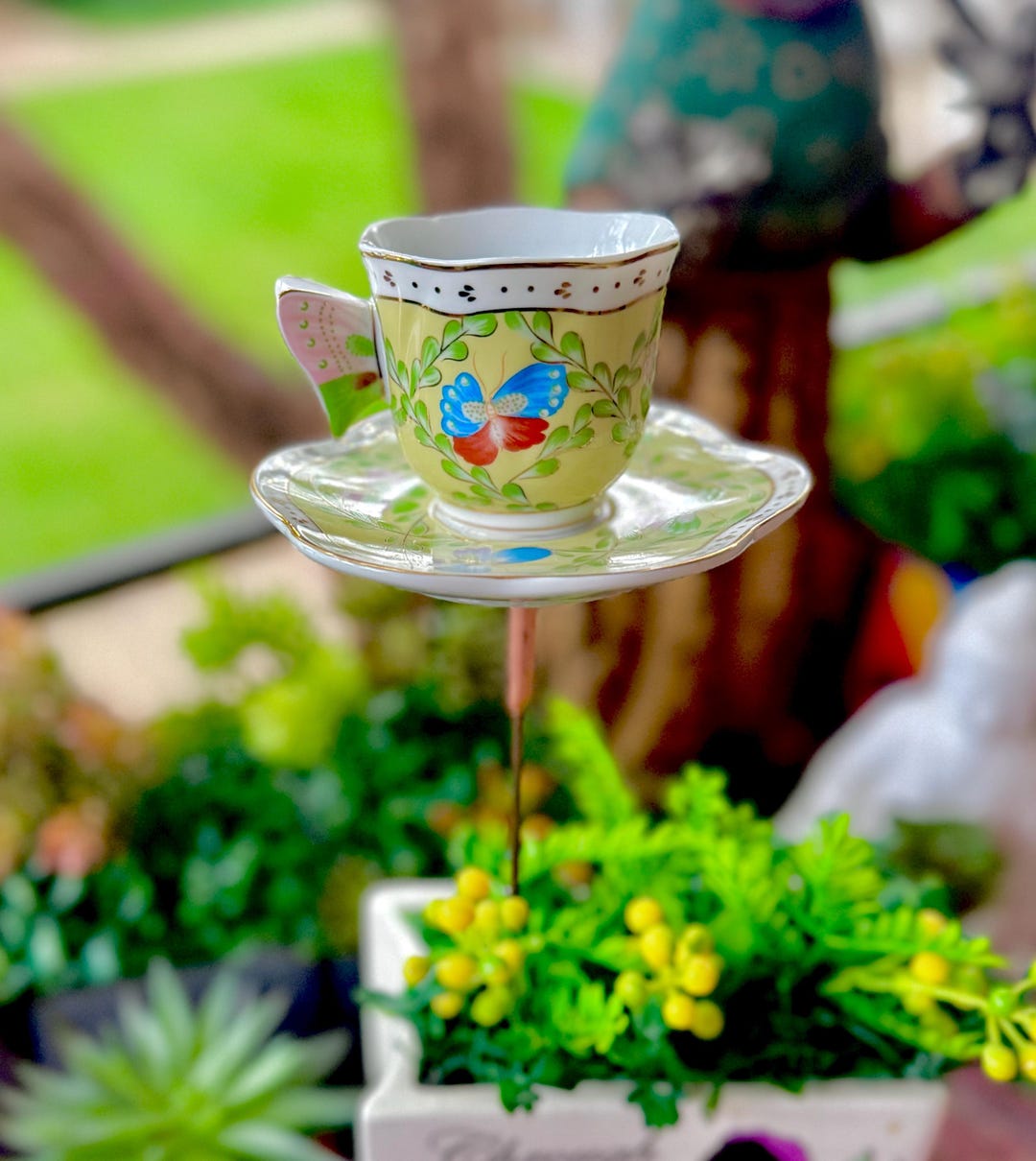Demitasse Butterfly Teacup Plant Stake (yellow With Multicolor ...