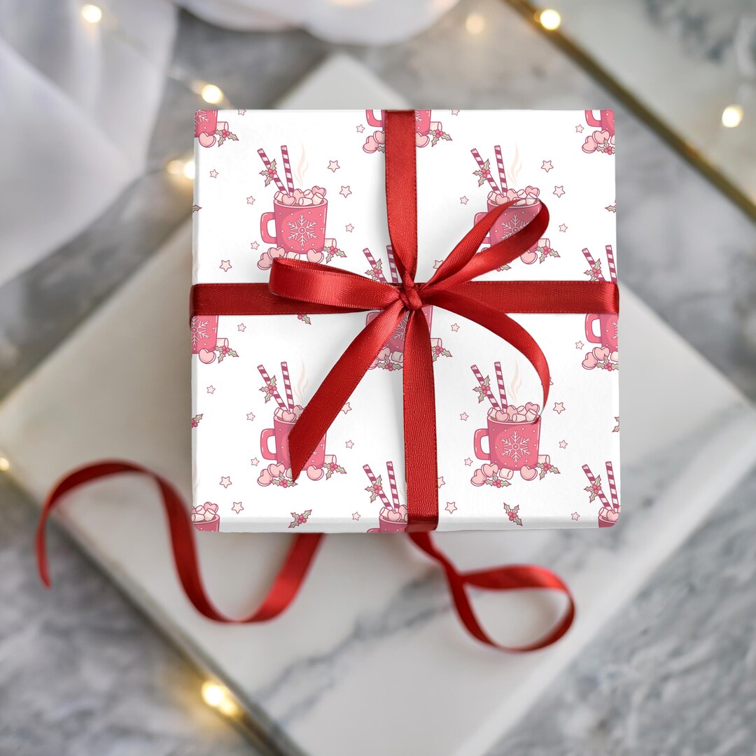 Hot Cocoa Christmas Gift Wrapping Paper | Pink Mug Print - Etsy