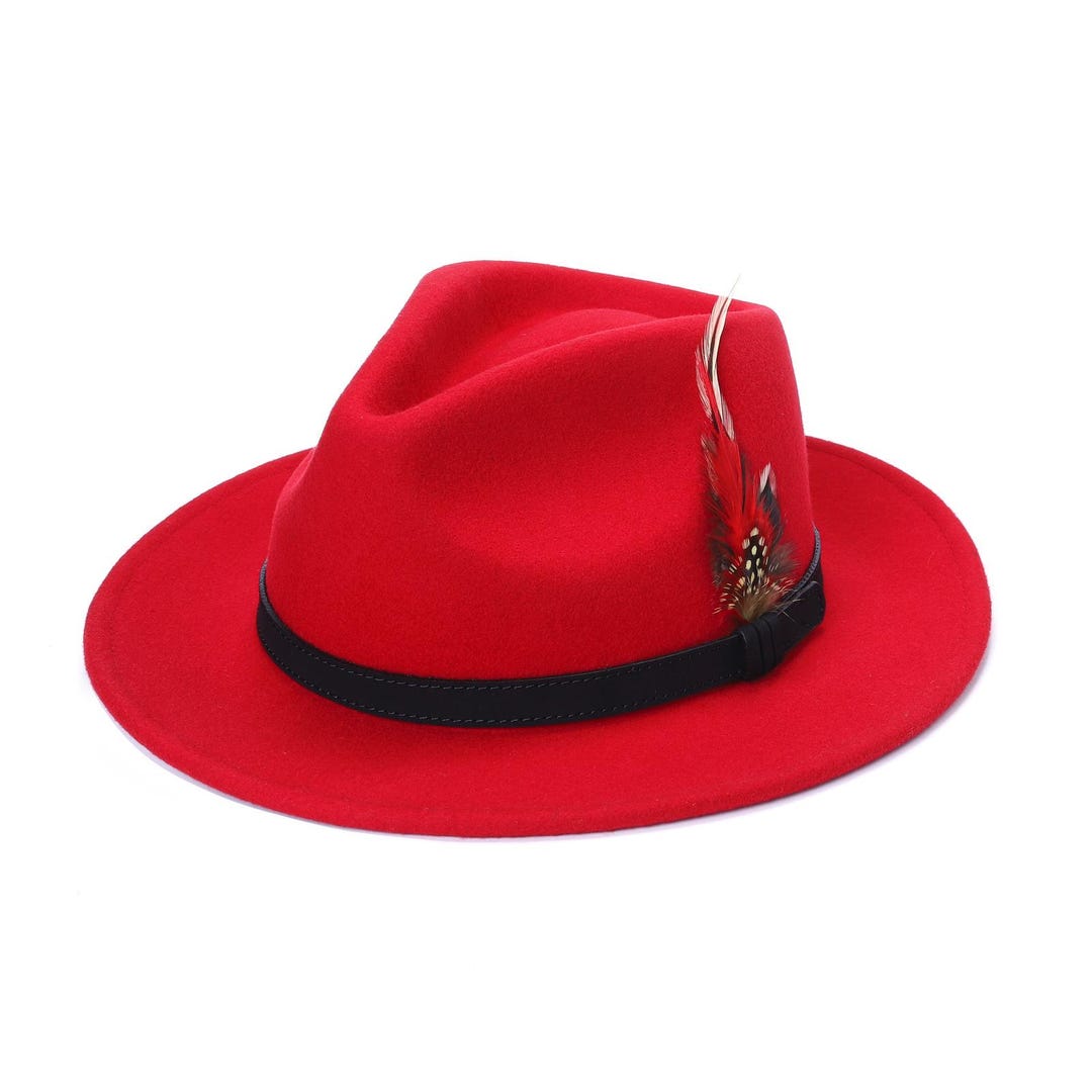 Classic Red Wool Fedora Hat With Feather Accent | Vintage-inspired Wide ...