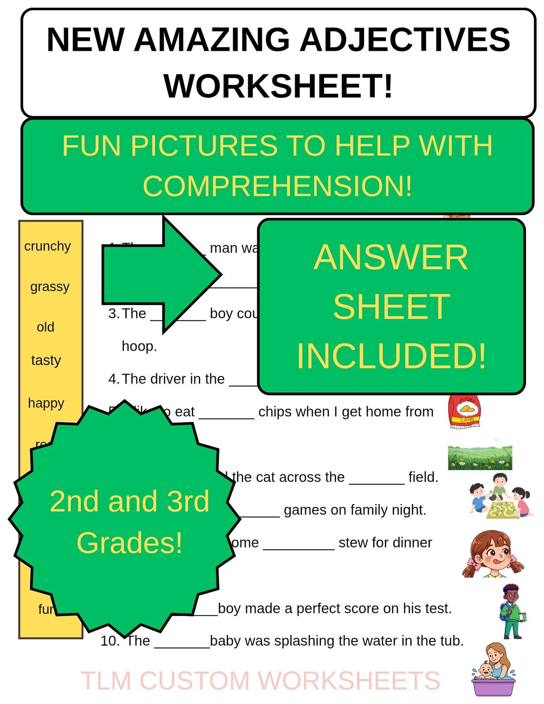 Adjectives Fill-in-the-blanks Worksheet for 2nd and 3rd Grades (answer ...