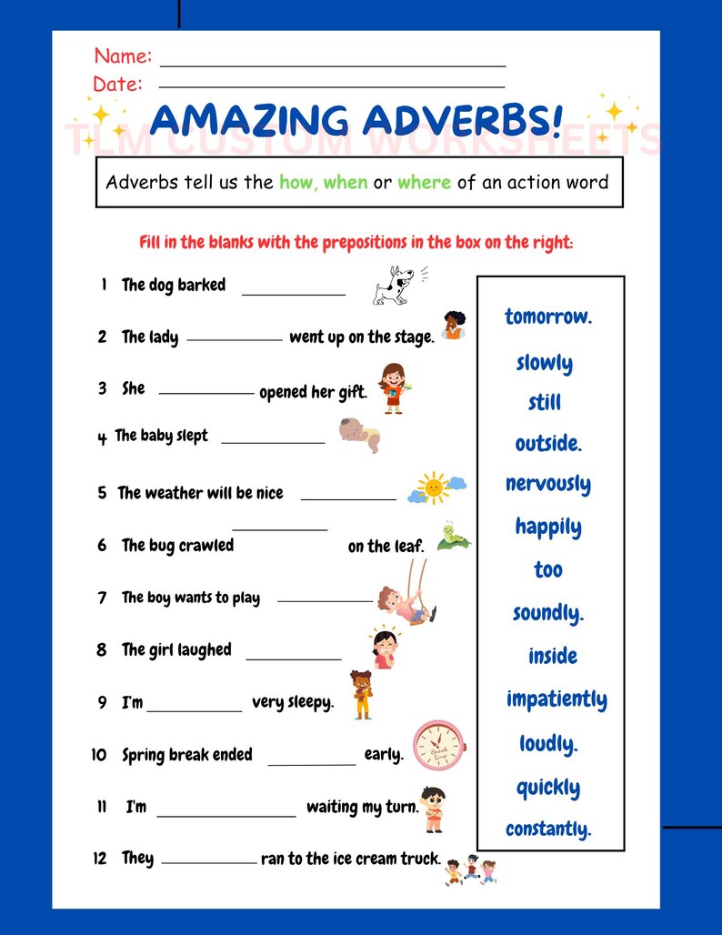 Adverbs Worksheet for 2nd/3rd Grade, Fill-in-the-blanks Grammar ...