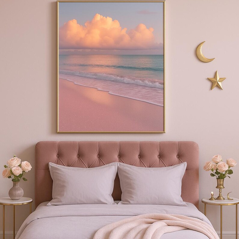 Pink Glitter Beach Wall Art Print – Dreamy Coastal Sunset Photo for ...