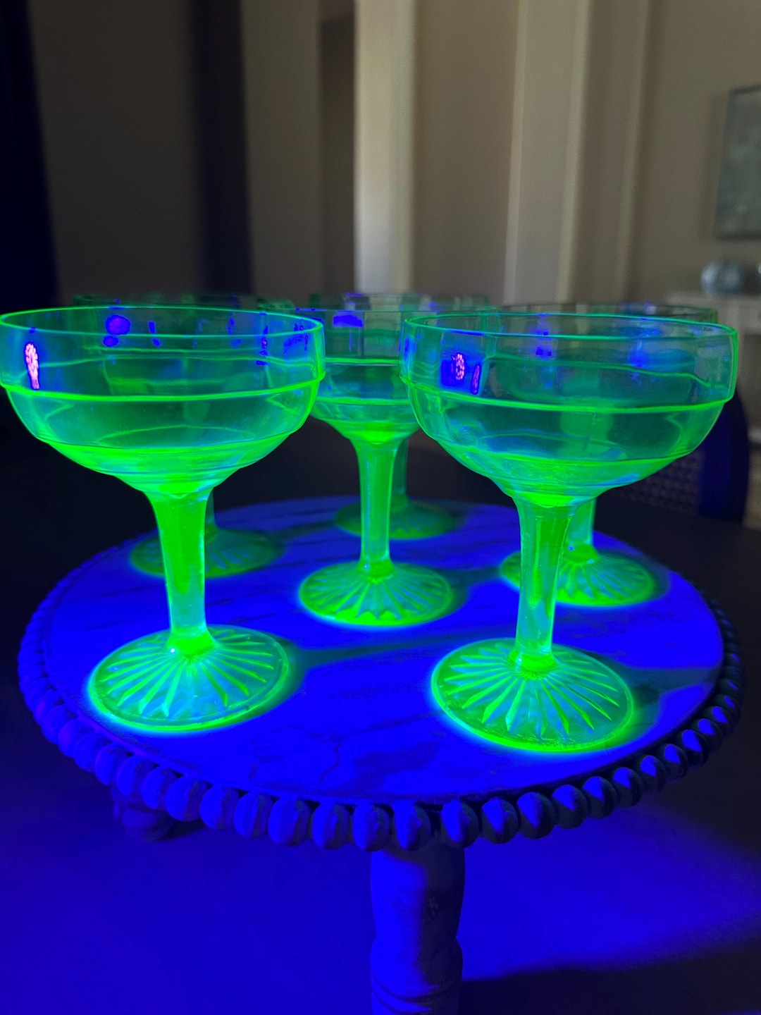 6 Green Block Optic Long Stem Sherbert/ Champagne Goblets Uranium Glass ...