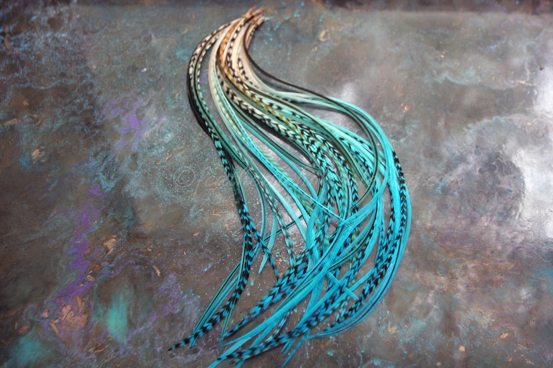 Turquoise Blue Feather Hair Extensions Kit: Boho Rooster Hackle With ...