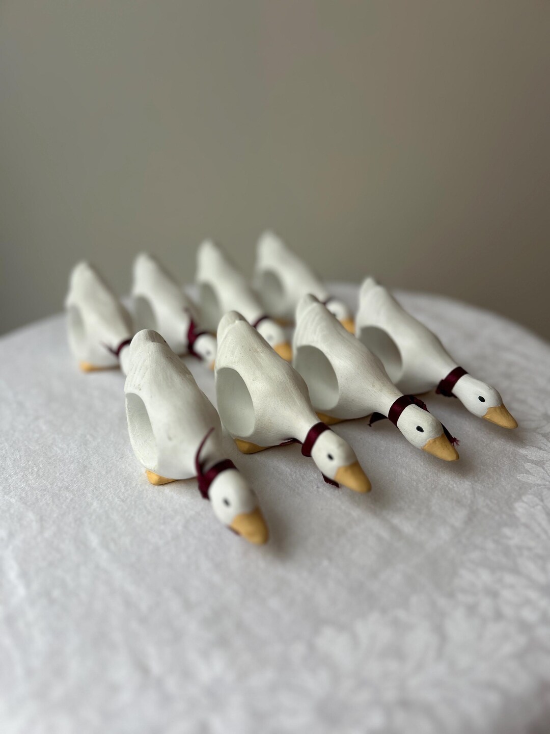 Set of 8 Vintage Goose Napkin Rings – White Ceramic Ducks With Burgundy ...