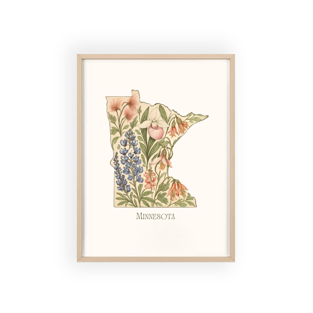 Minnesota Wildflower State Outline Framed Poster, Nature Decor Wall Art ...