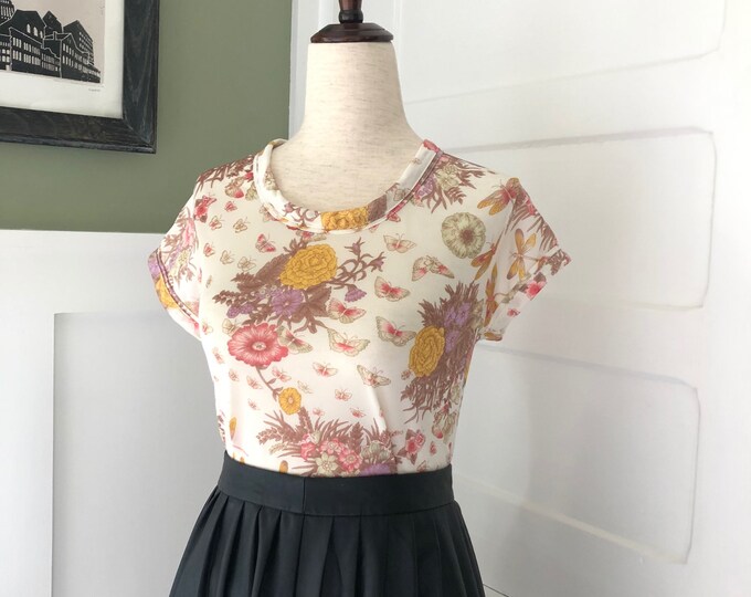 Ladies 60s Rose Top Vintage Short Sleeve Womens Nylon Floral Tee Shirt ...