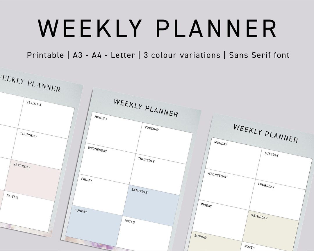 Weekly Planner Printable | A4, A3 & Letter | 3 Colour Variations ...