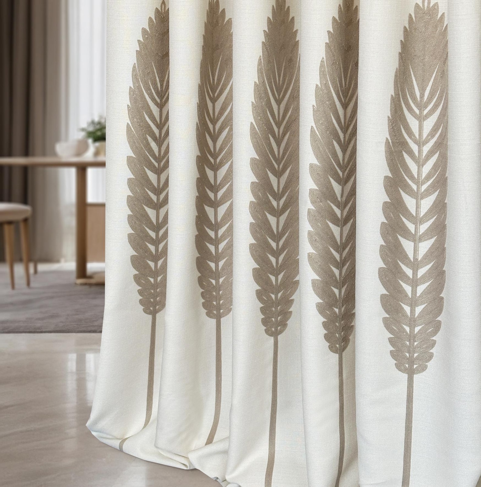 Linen Curtain Panel: Beige Leaf Embroidery, Custom Size Drape - Etsy