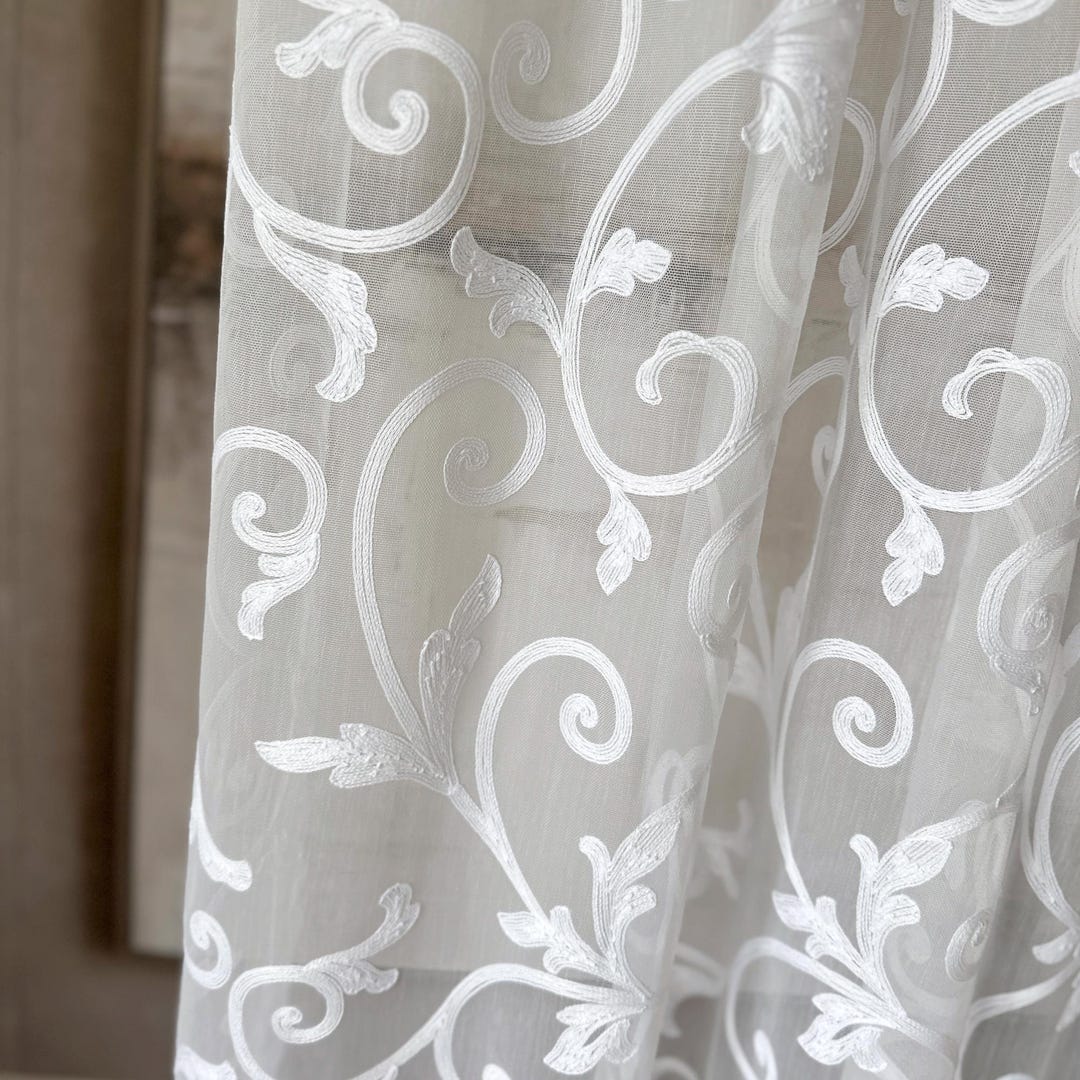 Custom French Embroidered White Lace Curtain: Luxury White Sheer Voile ...