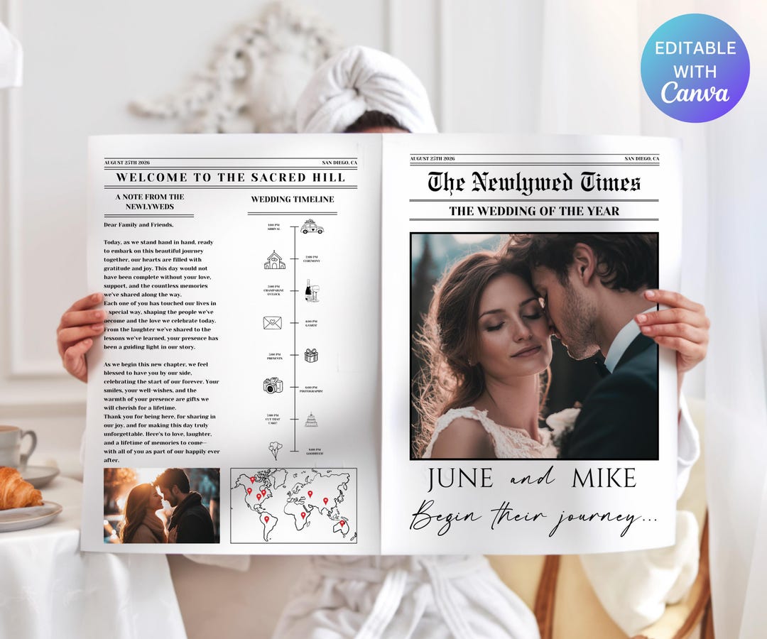Folded Printable Wedding Newspaper Program Canva Template, Newlywed ...