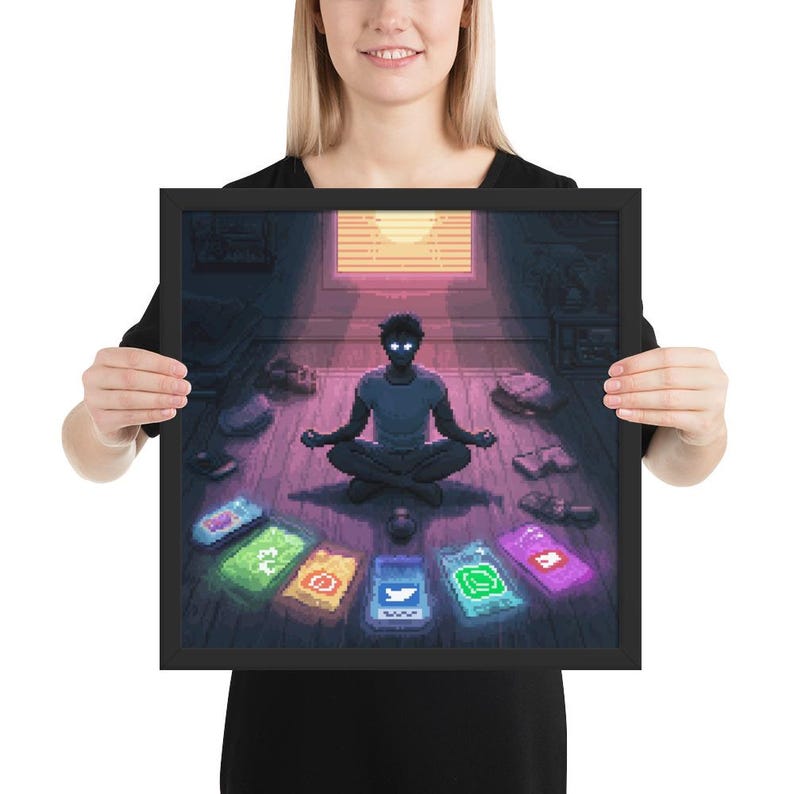 Doomscroll Yoga Pixel Art Wall Decor – Framed 8-bit Satire Poster on ...