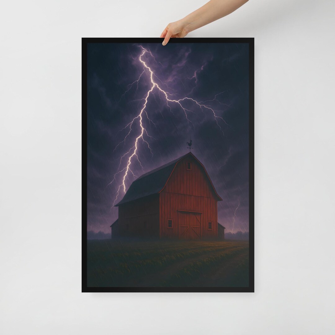 Farm Barn Lightning Wall Art – Framed Poster Print – Rustic Storm Decor ...