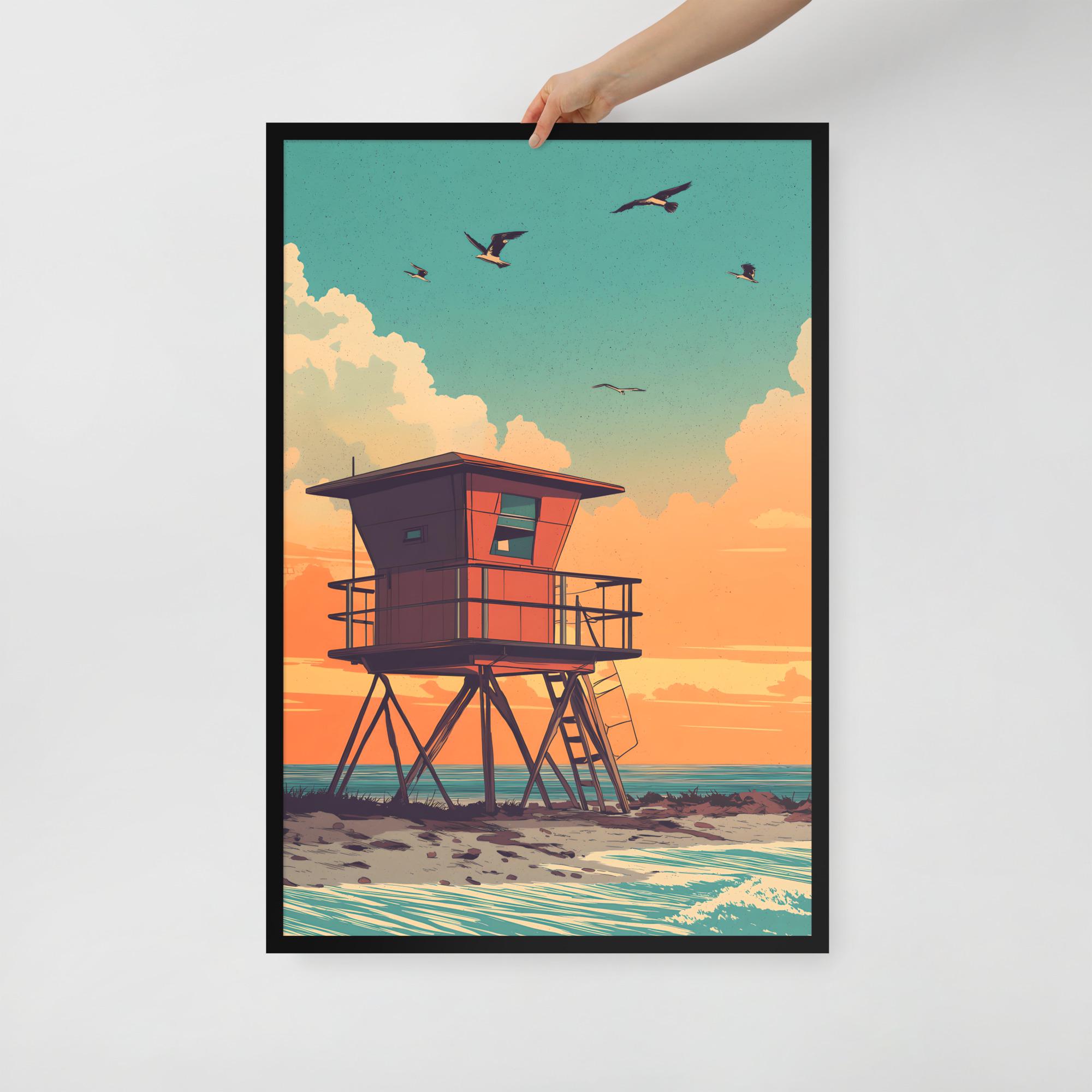 Retro Lifeguard Tower Wall Art – Framed Poster Print – California Beach ...