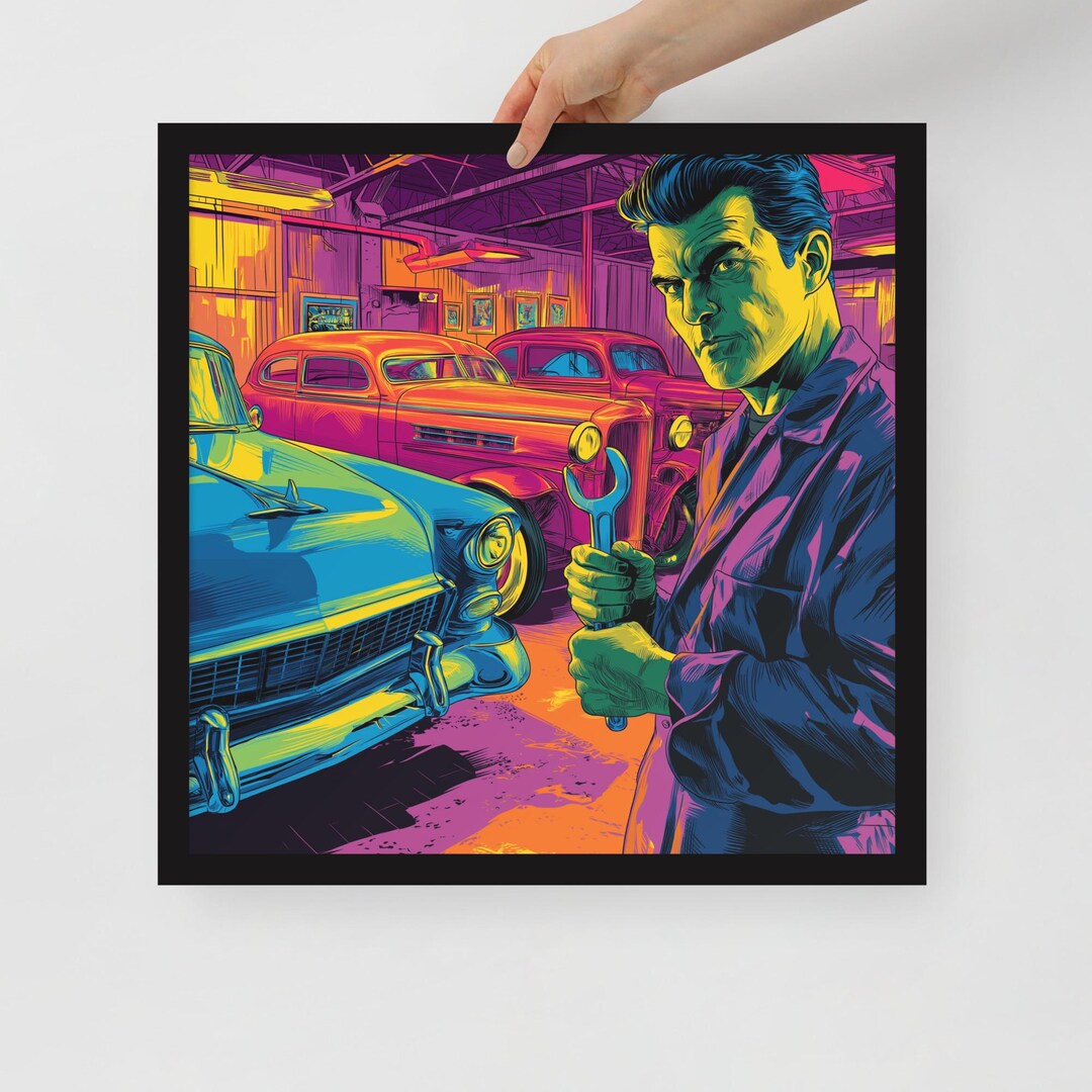 Vintage Garage Decor Wall Art – Framed Retro Mechanic Pop Art Poster ...
