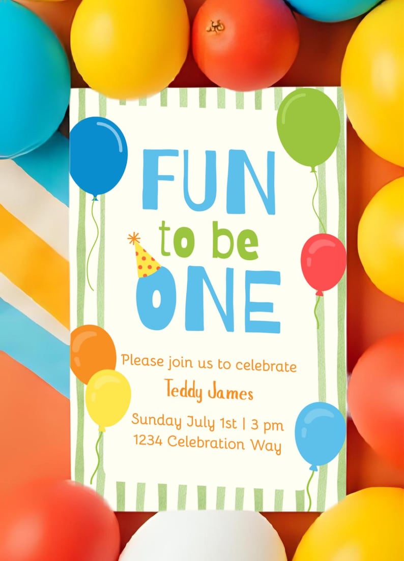 Fun to Be One Birthday Invitation Template - Editable Canva Template ...