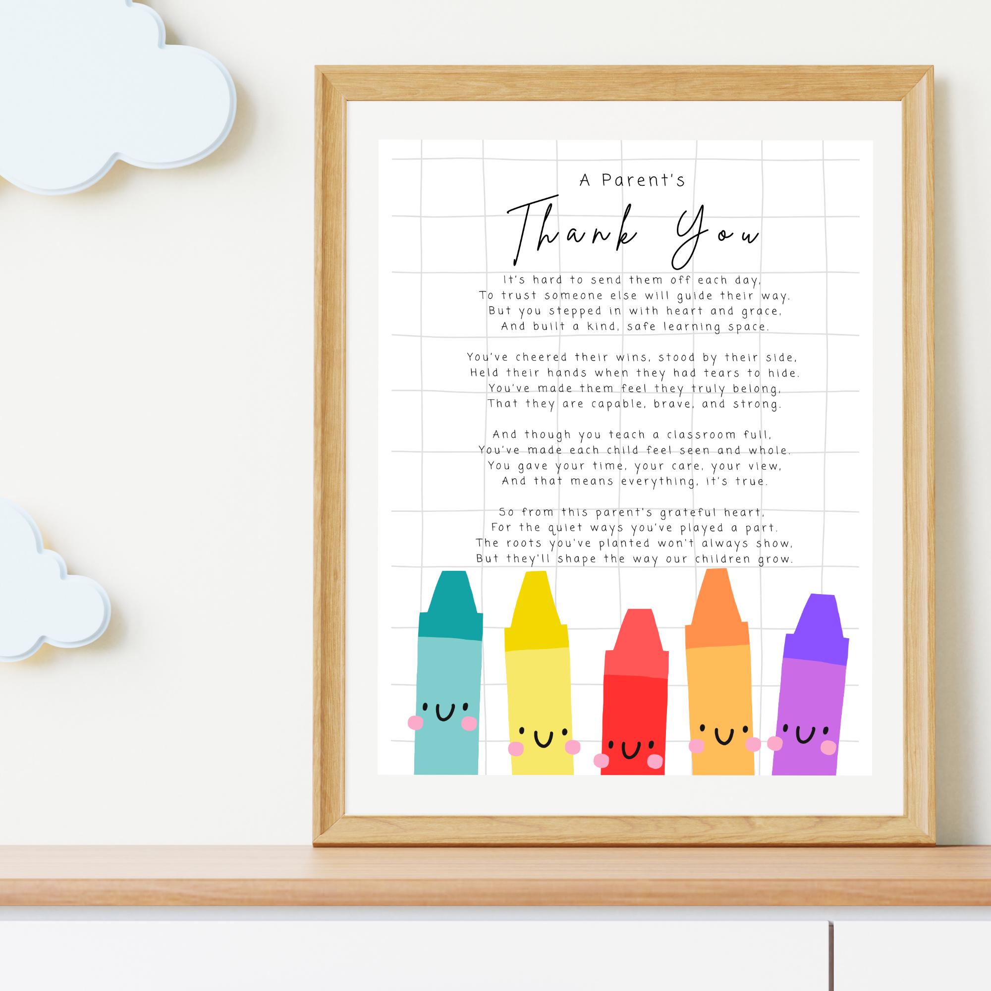 A Parent's Thank You Poem, Printable Teacher Gift, Teacher Appreciation ...