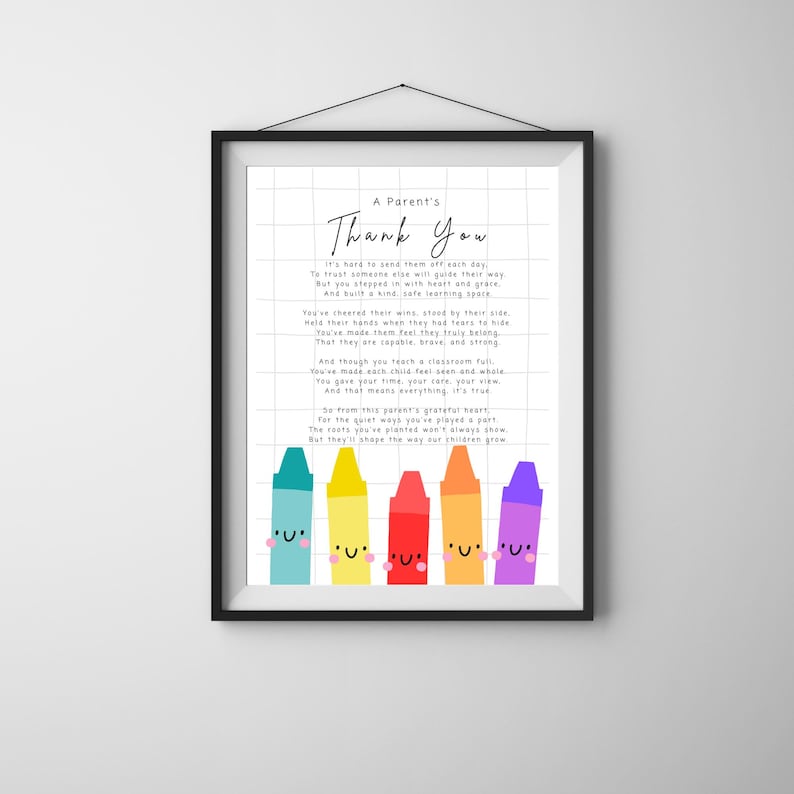 A Parent's Thank You Poem, Printable Teacher Gift, Teacher Appreciation ...