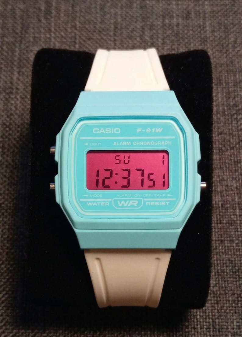 Custom Casio F91W Digital Watch (F-91WC-2AEF): Blue Case, White Strap ...