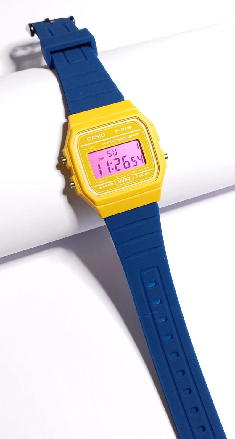 Custom Casio F91W Digital Watch (F-91WC-9AEF): Yellow Case, Blue Strap ...
