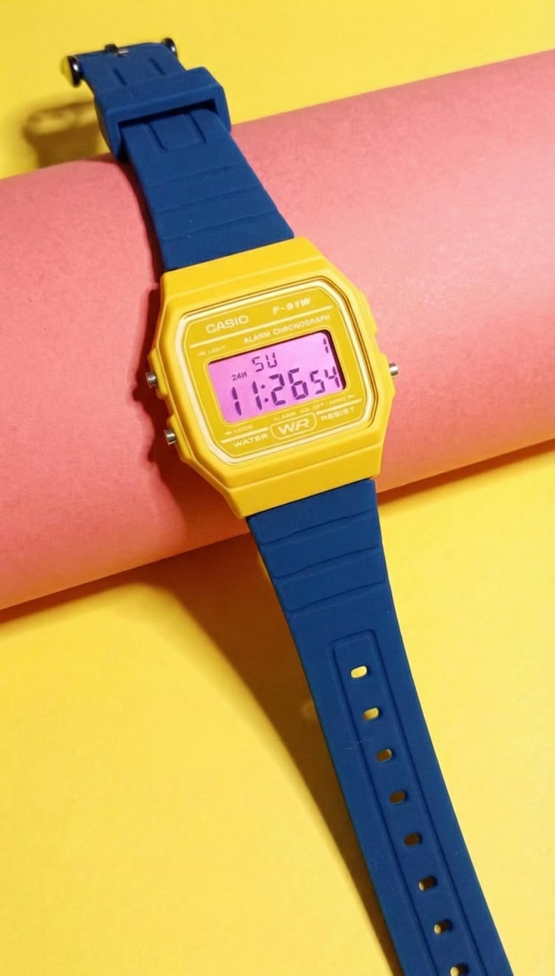 Custom Casio F91W Digital Watch (F-91WC-9AEF): Yellow Case, Blue Strap ...