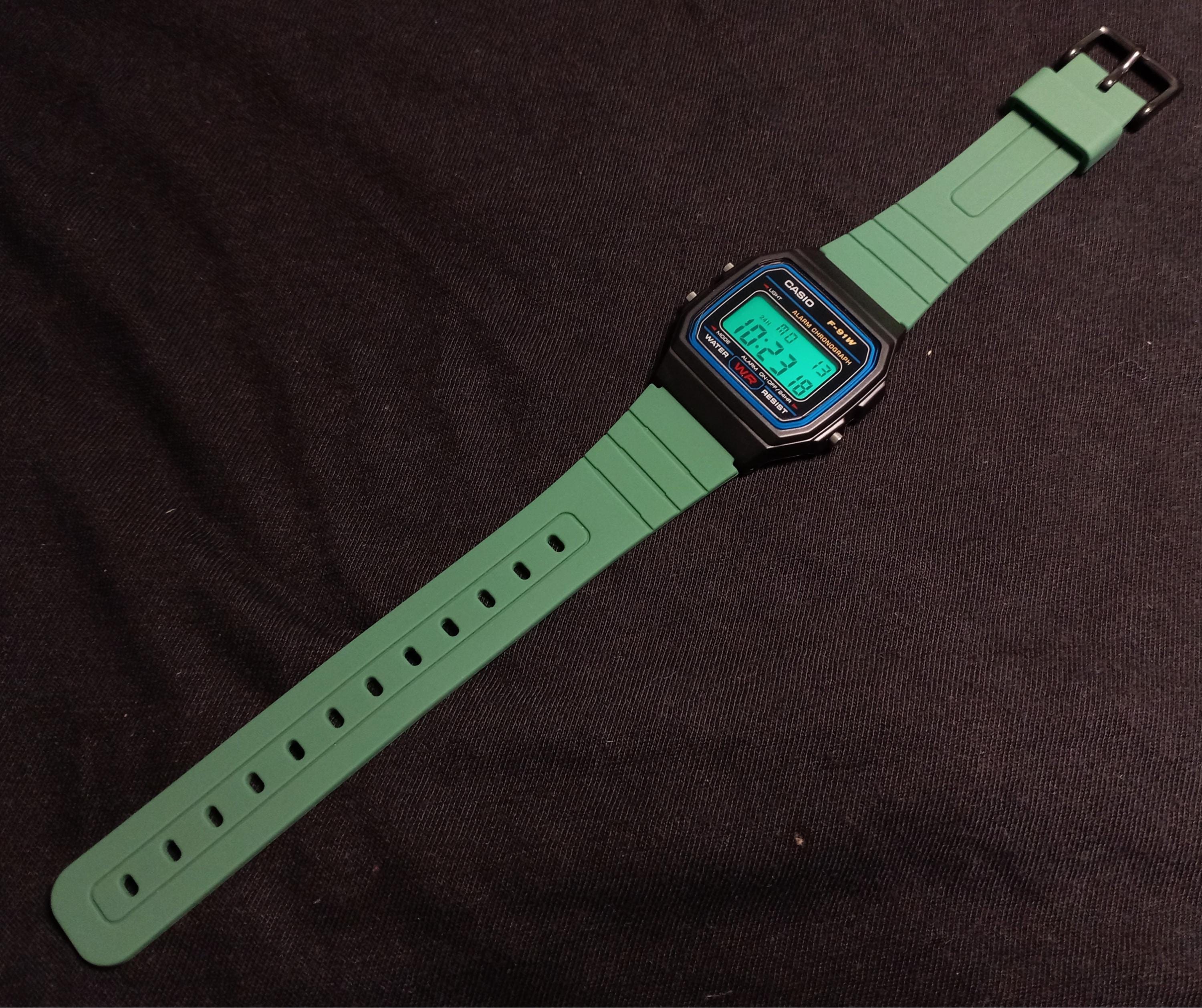 Custom Casio F91W Digital Watch: Green Strap, Display & LED - Etsy