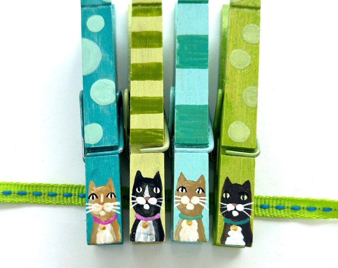 CAT CLOTHESPINS Hand Painted Clothespin Magnet Grey Cat Chip Clip Black ...