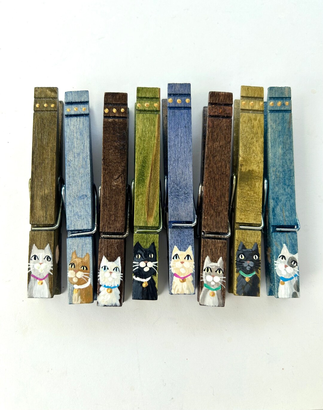 CAT CLOTHESPINS Hand Painted Clothespin Magnet Grey Cat Chip Clip Black ...