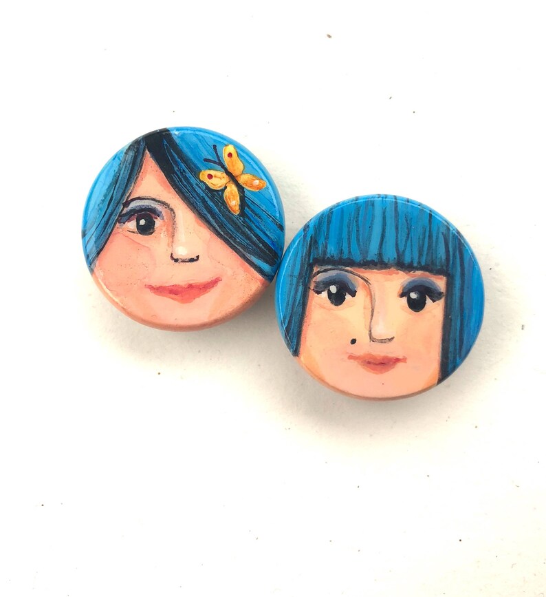 BLUE HAIRED GIRLS hand painted magnet blue hair mod girls | Etsy