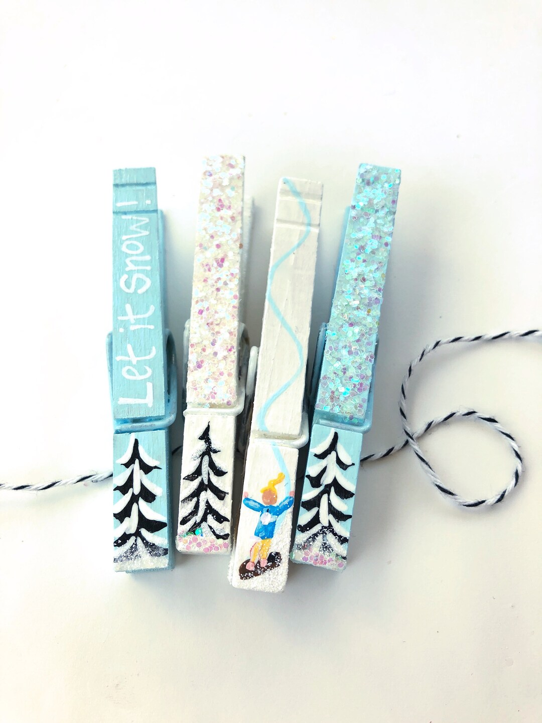 WINTER SNOWBOARD Clothespins Snow Covered Trees Snowboarder Stocking ...