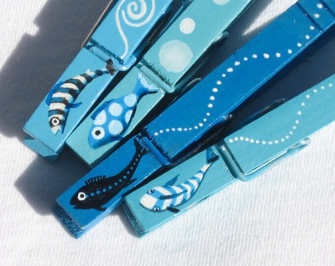 BLUE FISH CLOTHESPIN Hand Painted Magnetic Clothespin Set - Etsy