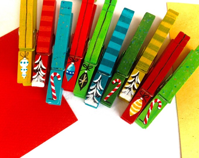 CHRISTMAS ORNAMENT CLOTHESPINS Candy Canes Painted Magnetic Card ...