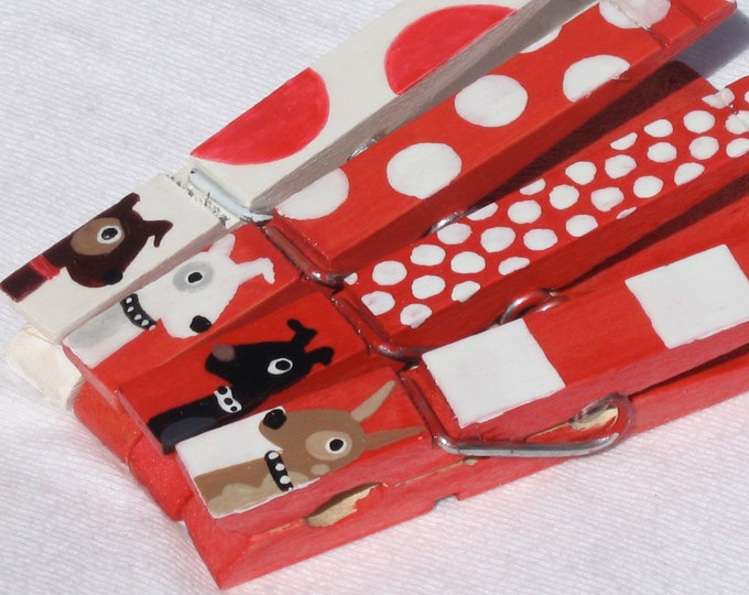 DOGS ON RED Hand Painted Magnetic Clothespin Set - Etsy
